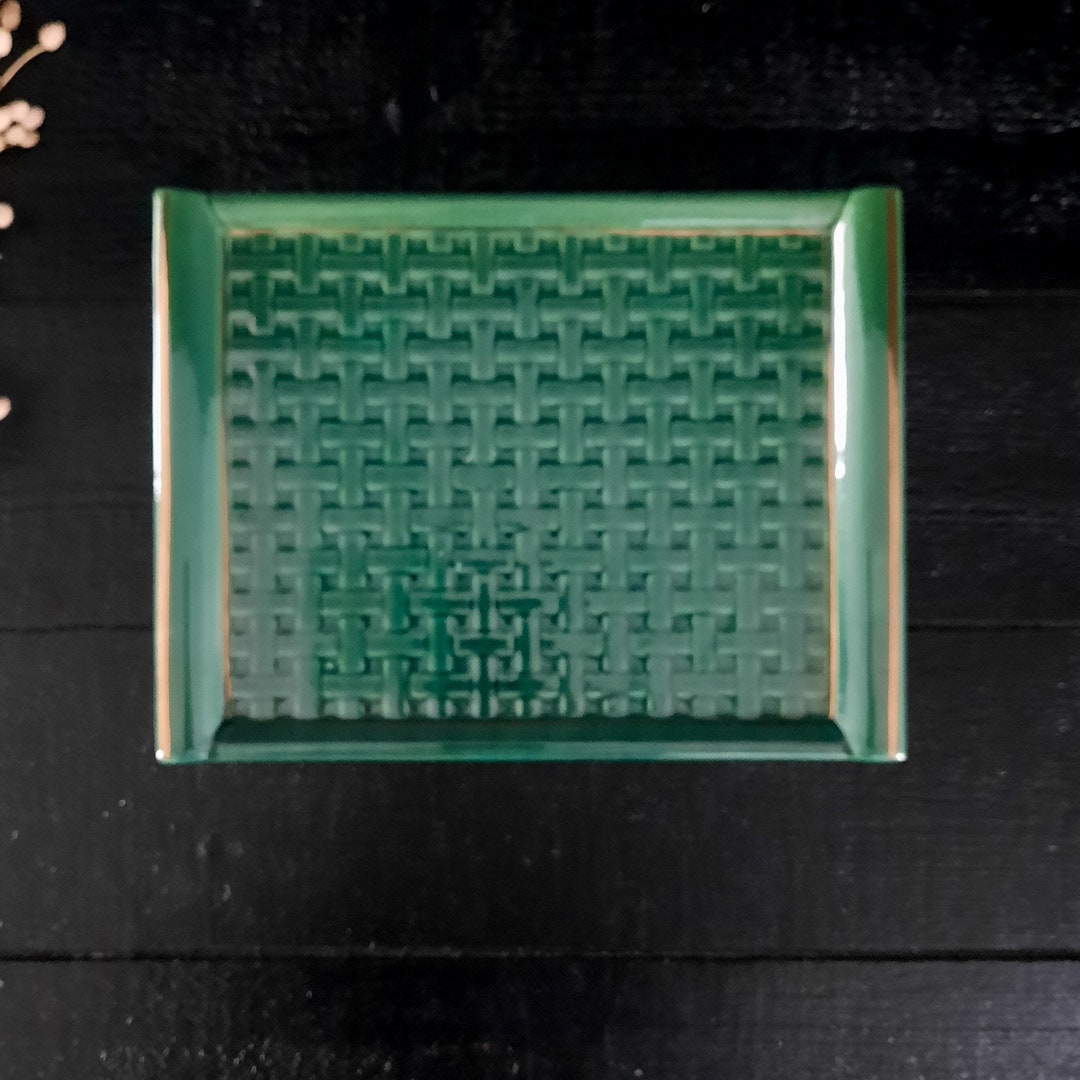 Large Green Majolica Trivet, Dark Green Ceramic Rectangular Platter ...