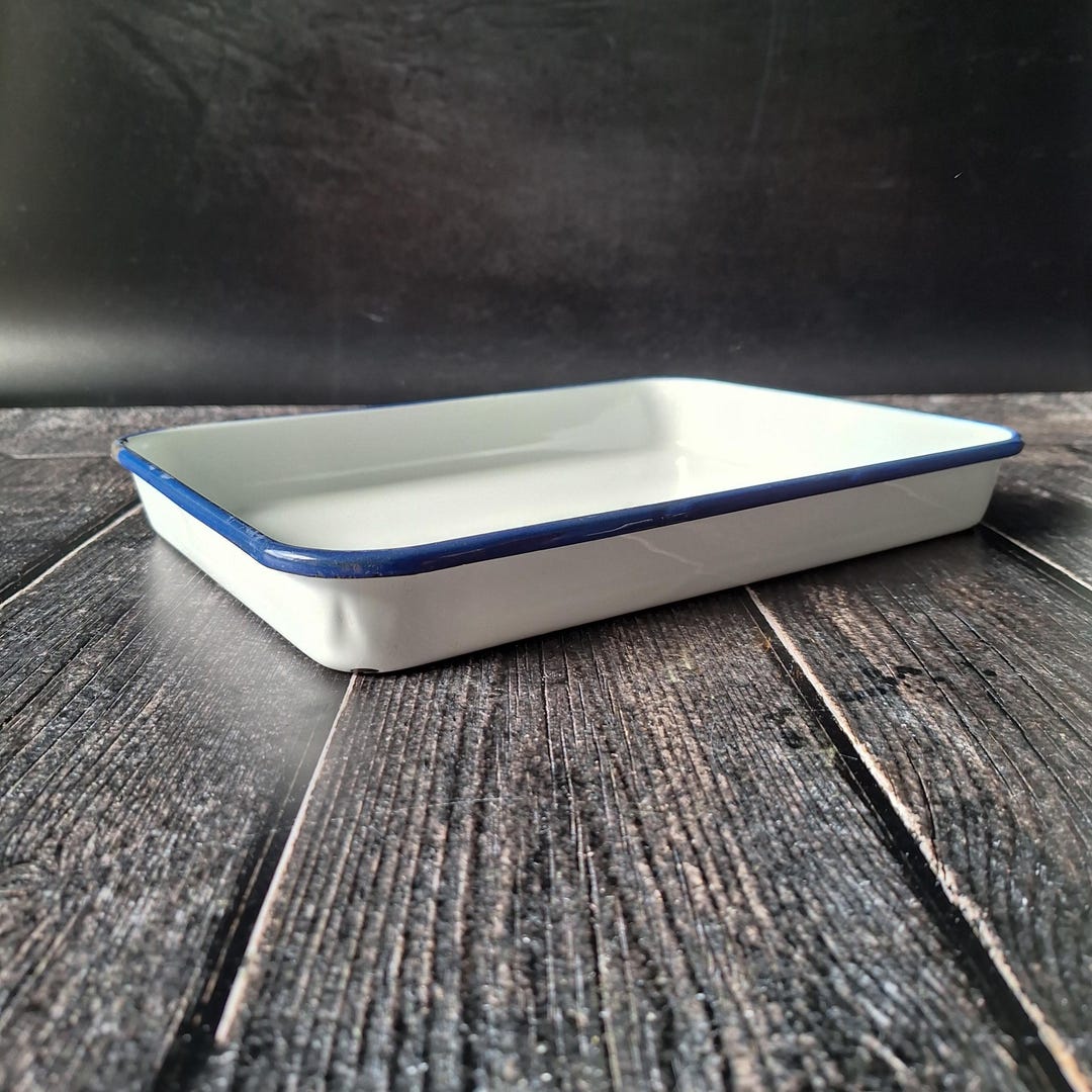 Vintage French White Enamel Roasting Pan With Blue Rim, Rectangular ...