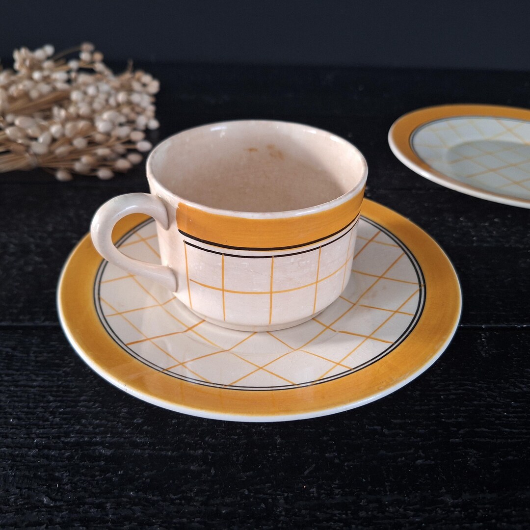 Rare Gien France Cup and 2 Saucers, Yellow Checkered Vintage French Cup ...