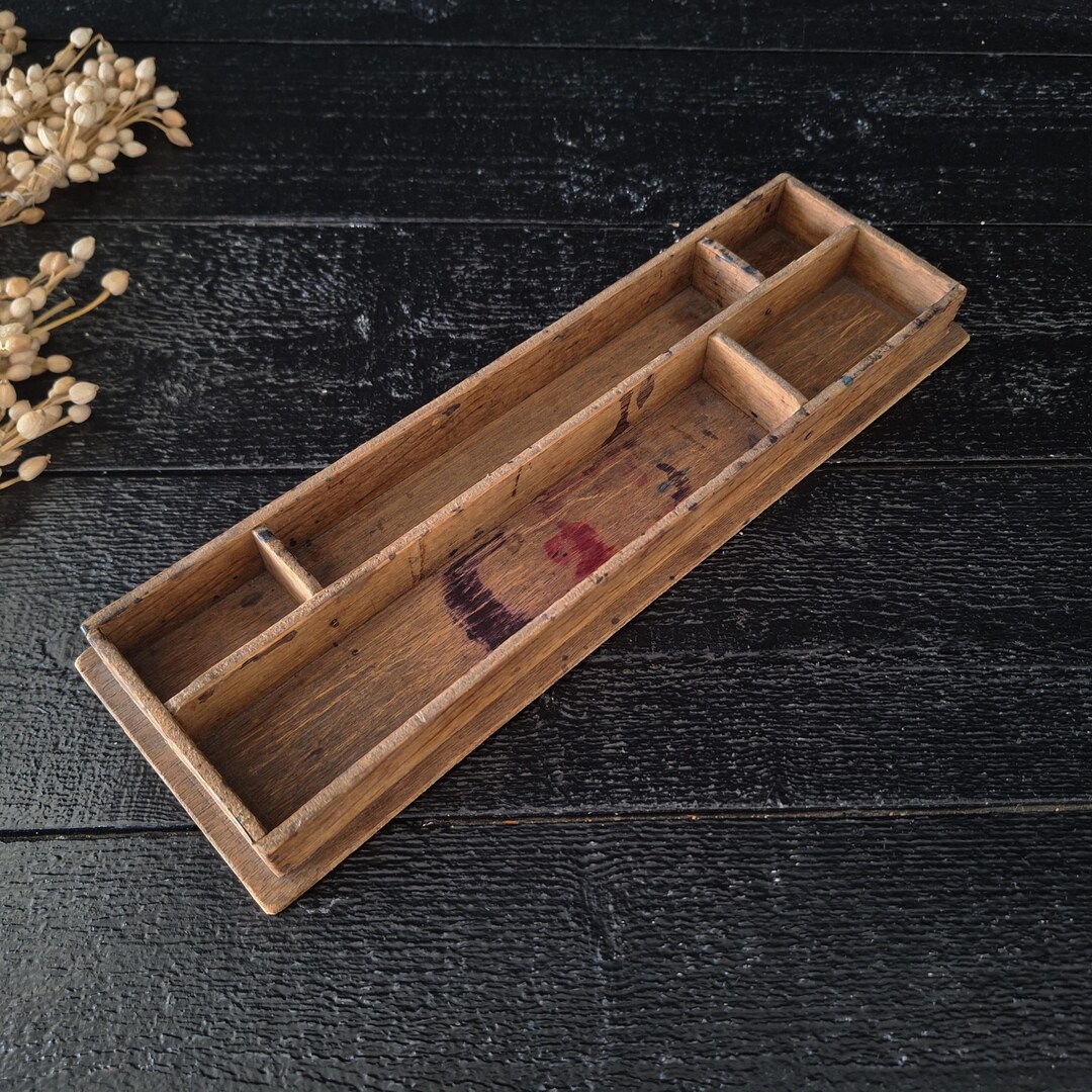 Vintage Small Divided Box Wood Office Organizer, Wooden Tray, Wooden ...