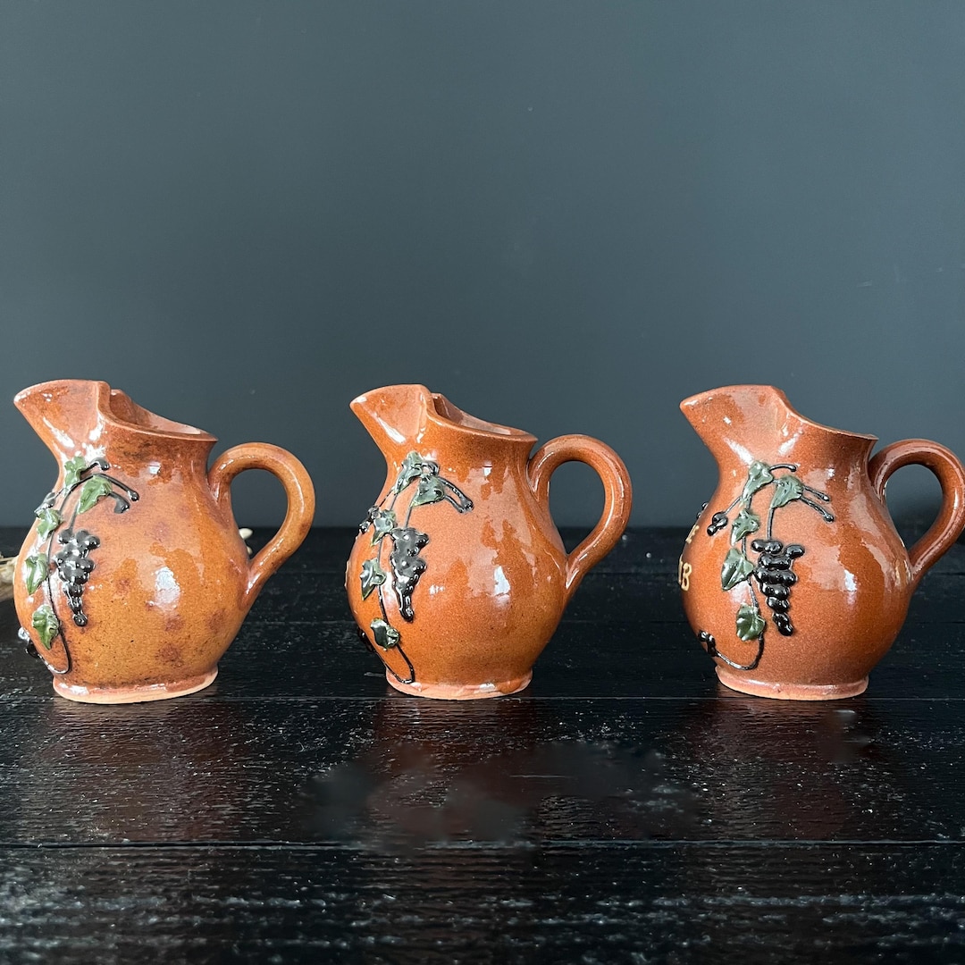 Set of 3 Vintage French Terracotta Pitchers, Small Varnished Jugs With ...