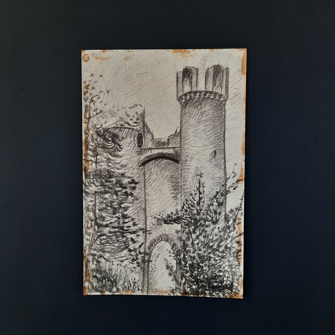 1964 Vintage Castle Sketch, Charcoal and Pencil Artwork on Paper ...