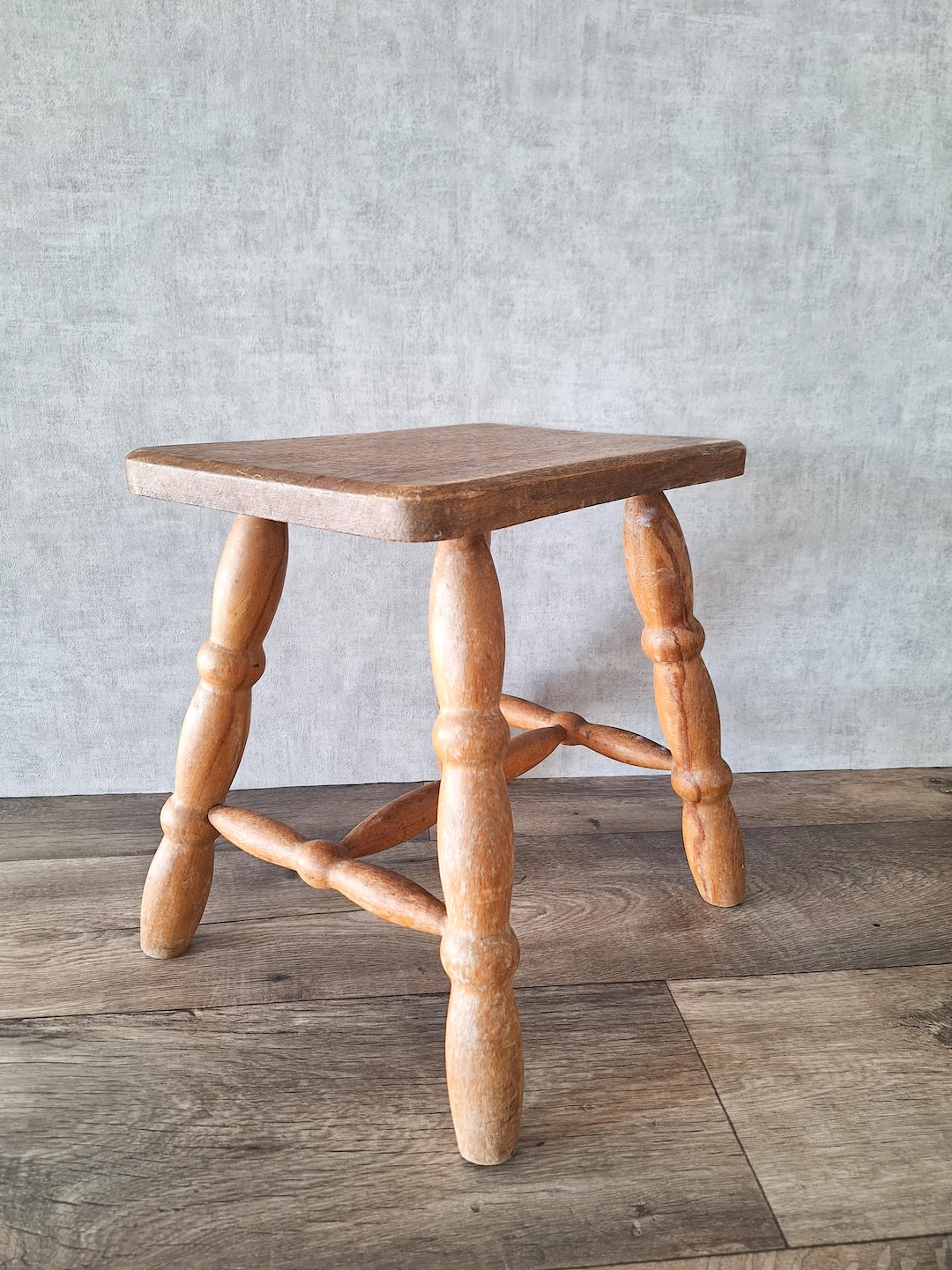 Antique French Country Stool, Rustic Wooden Footstool, Turned Legs ...