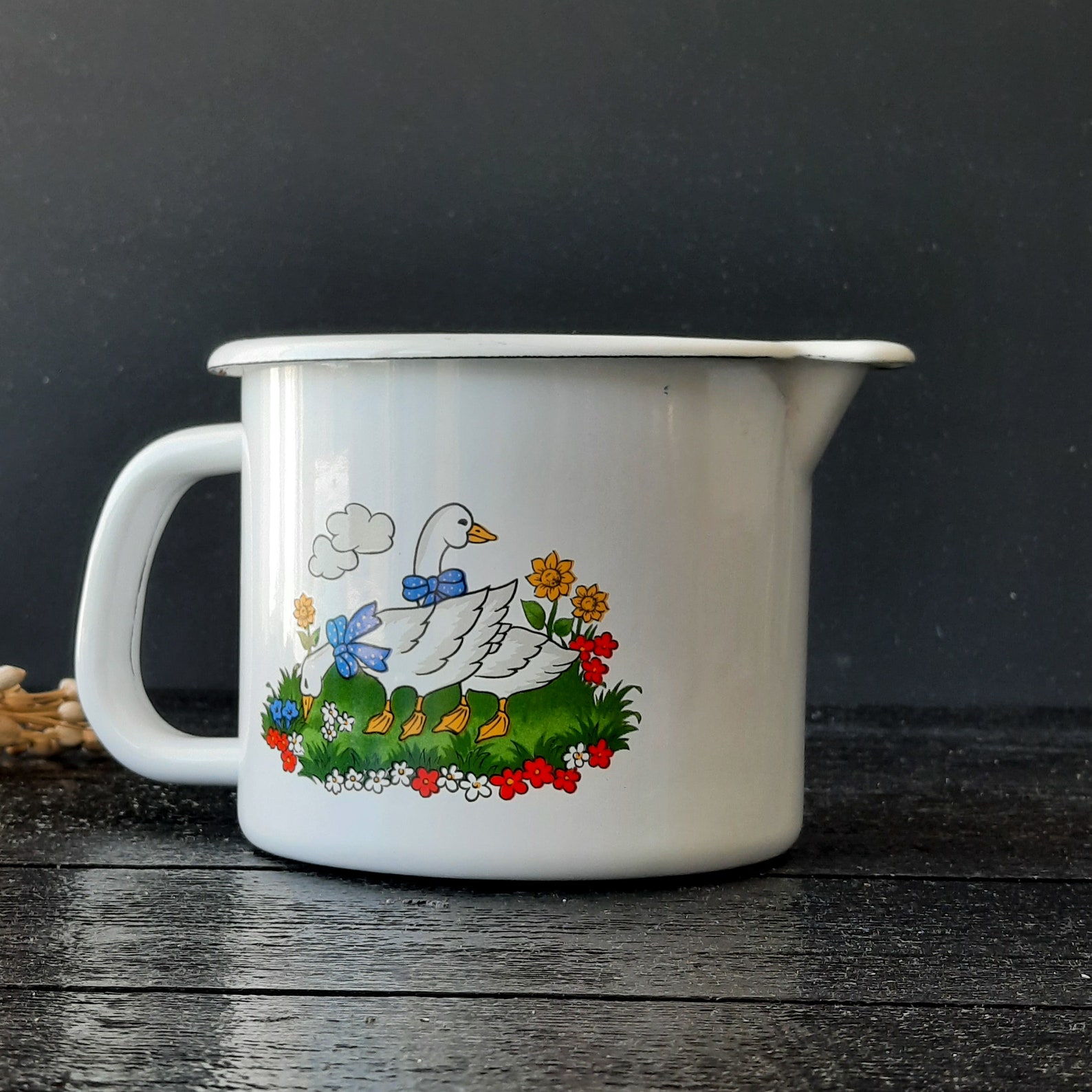 Large White Enamel Pot With Handle With Goose Decor, French Vintage ...