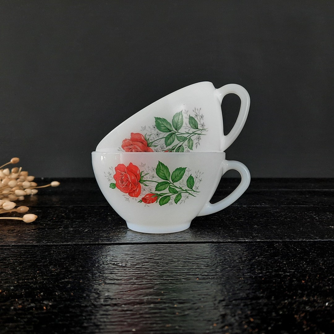 Pair of Red Rose Large Cup ARCOPAL France, Milk Glass Teacups, Arcopal ...