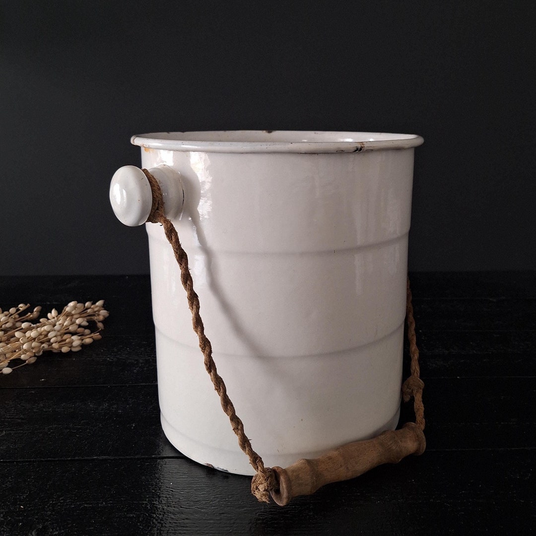 French Enamel Bucket With Wooden Handle, White Rustic Farmhouse Cottage ...
