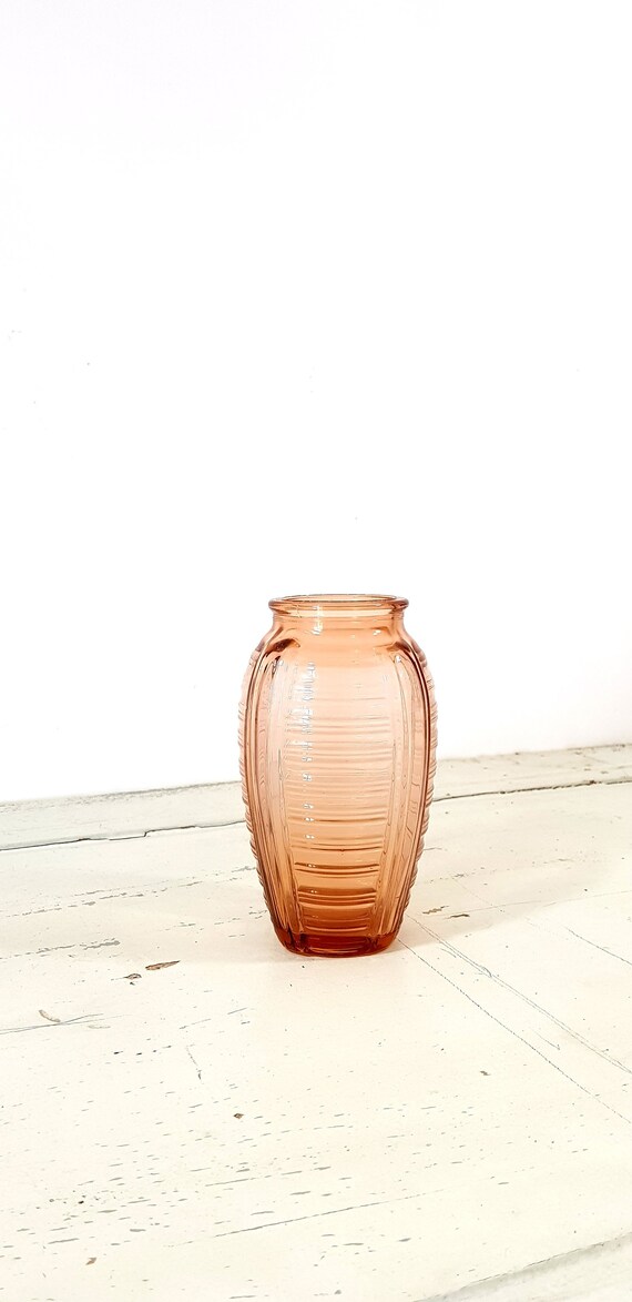 Large Art Deco Pink Ribbed Glass Vase Vintage Blush Pink | Etsy