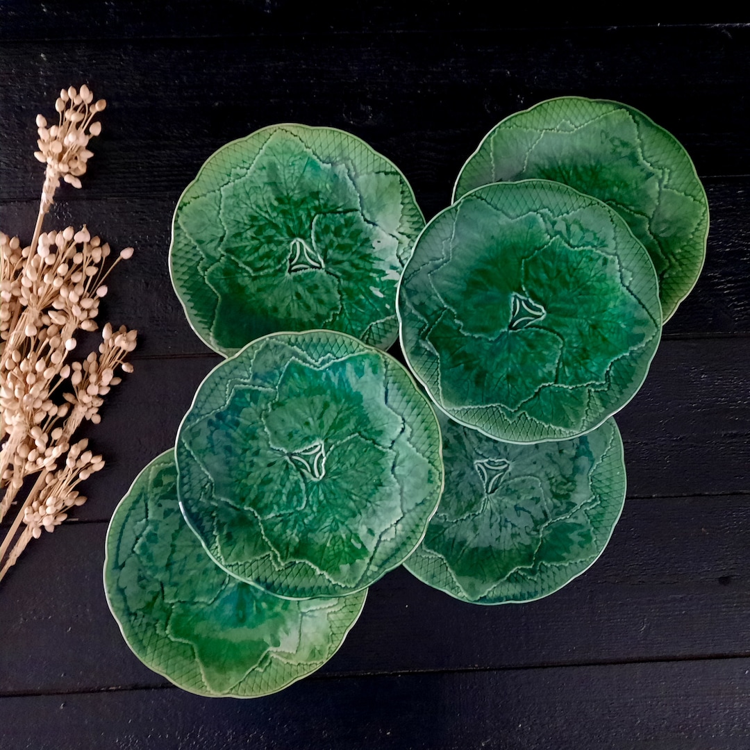 Antique French Green Majolica Plates Grape Leaf Plates by GIEN France ...