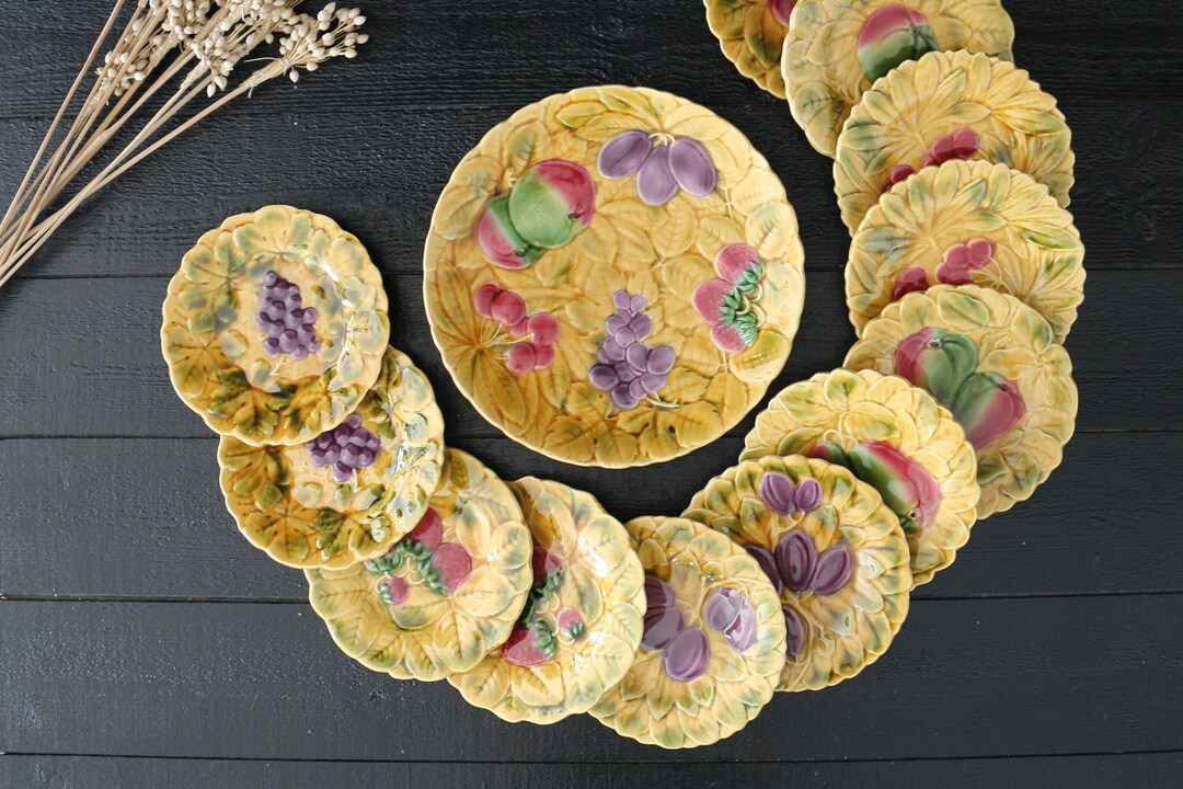 Antique French Majolica Dessert Set for 12 by Sarreguemines, Barbotine ...