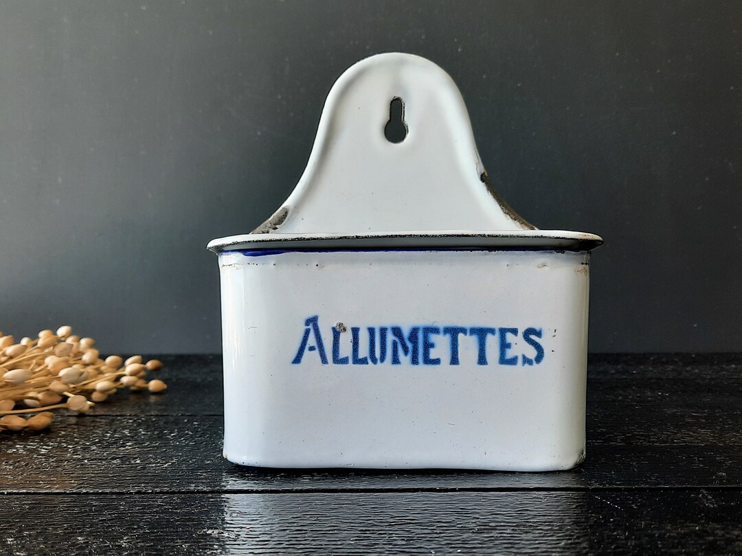 French Vintage Blue and White Enamel Storage Box Holder for Allumettes ...