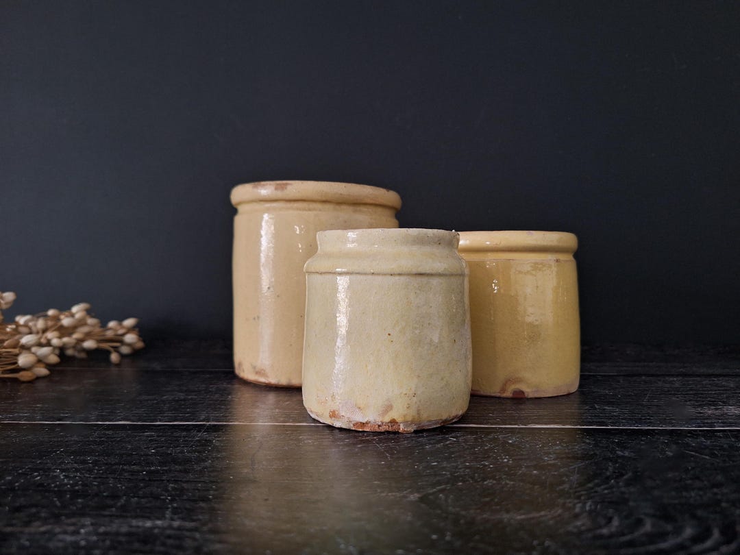 Antique Yellow Glazed Stoneware Jam Pots, French Vintage NOVIA Pottery ...