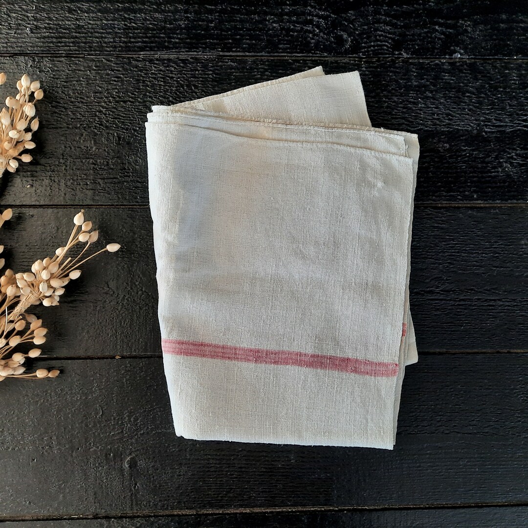 French Vintage White Hemp Tablecloth With Red Stripes, Rustic Farmhouse ...