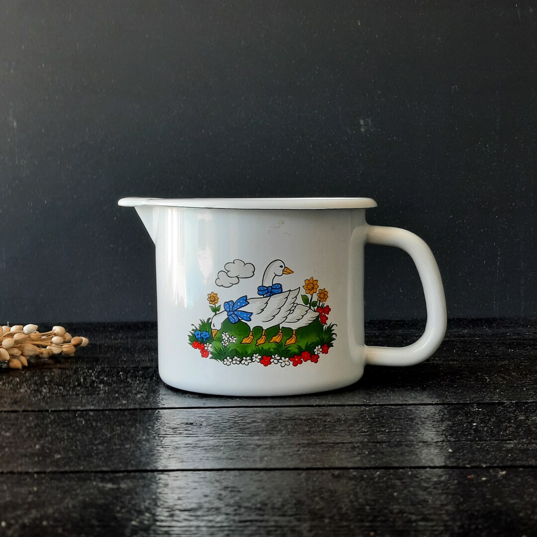 Large White Enamel Pot With Handle With Goose Decor, French Vintage ...