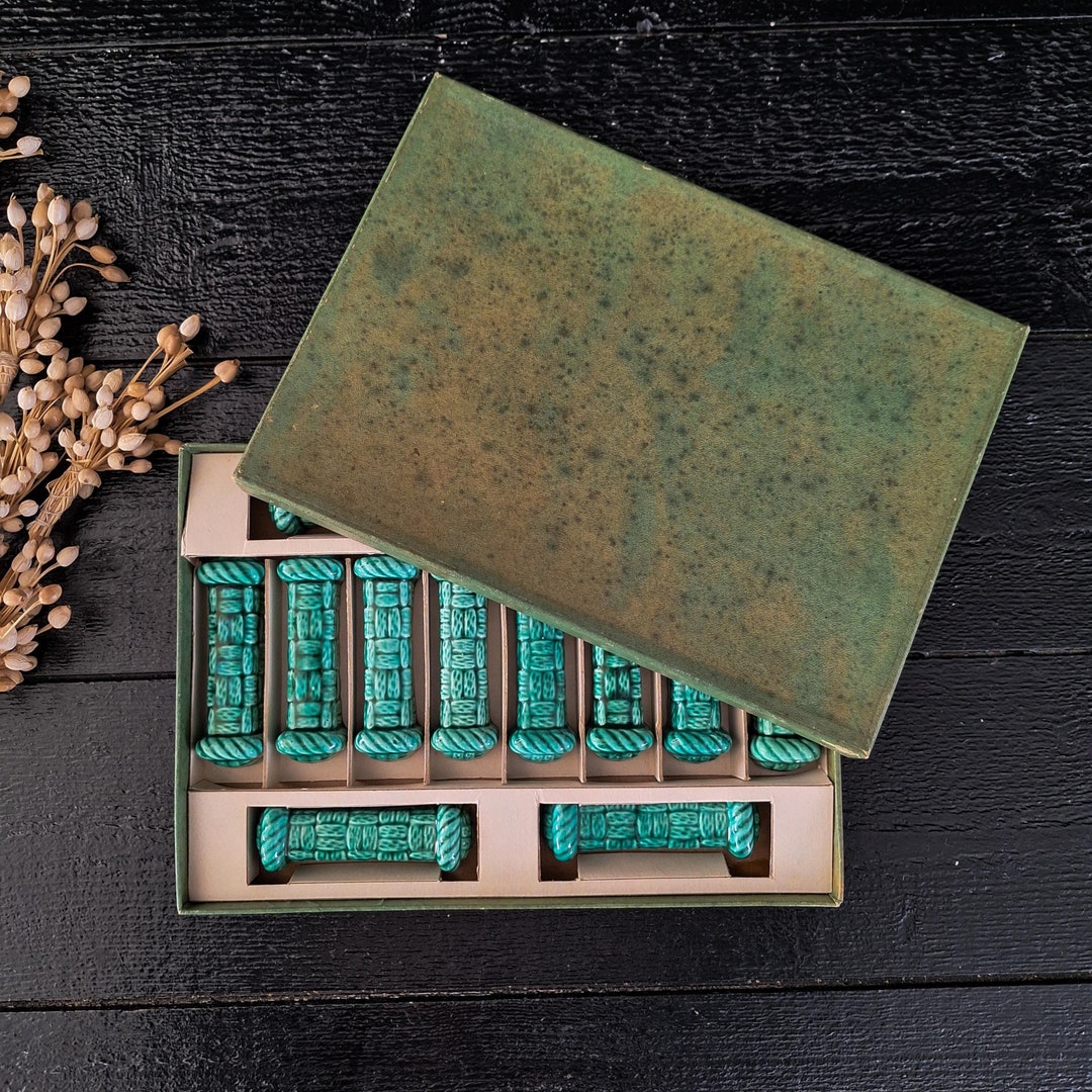 Set of 12 Vintage Art Deco Green Majolica Knife Rests Pottery Basket ...