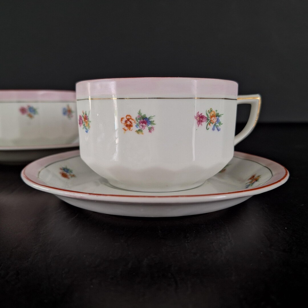 Extra Large Flat Tea Cup and Saucer Set Limoges China Pink Floral ...