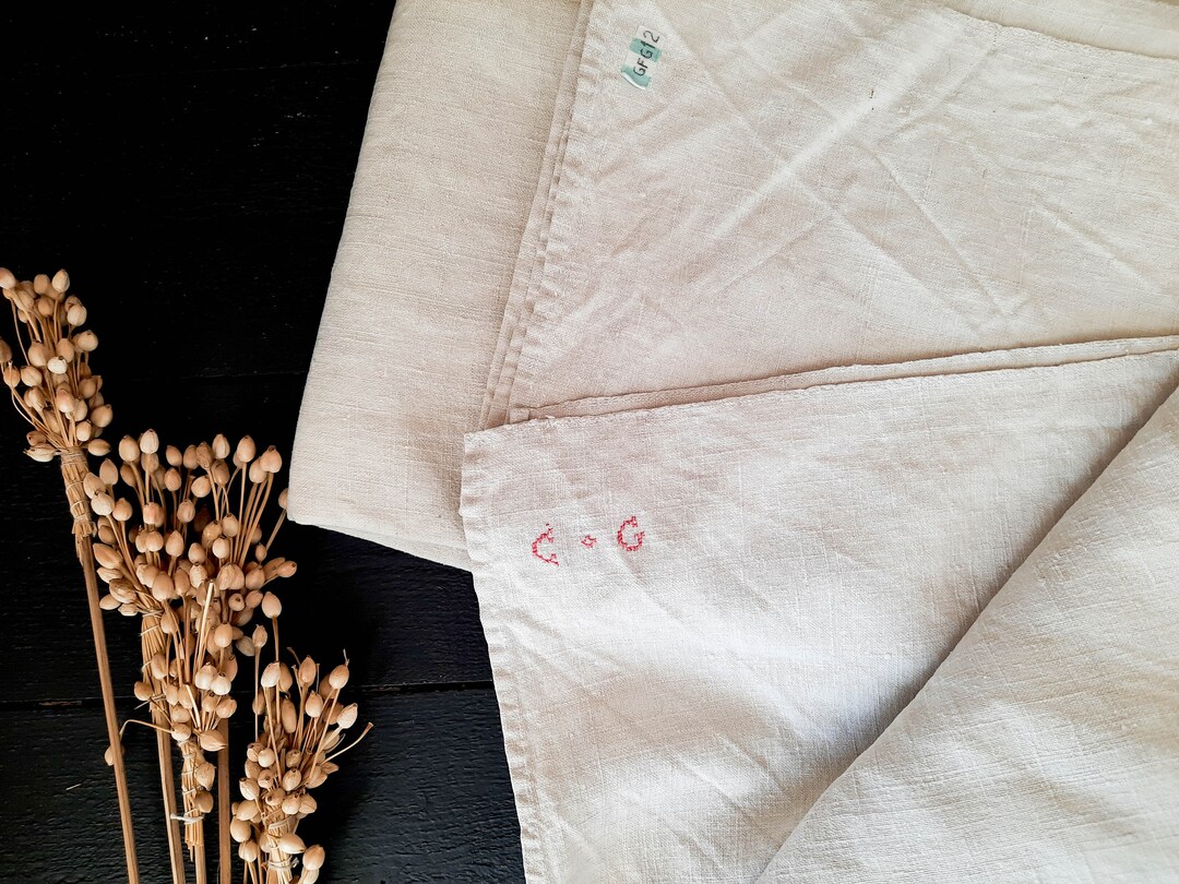 Extra Large White Heavy Linen Cloth French Antique Embroidered CG ...