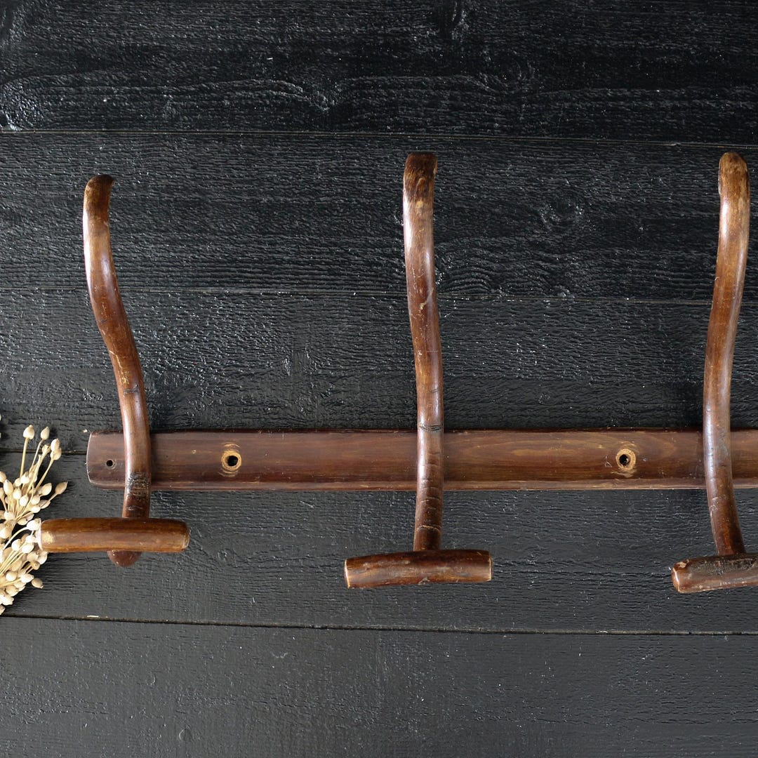 1920s Wooden Wall Coat Rack With 3 Hooks, Bentwood Wall Mount Coat and ...