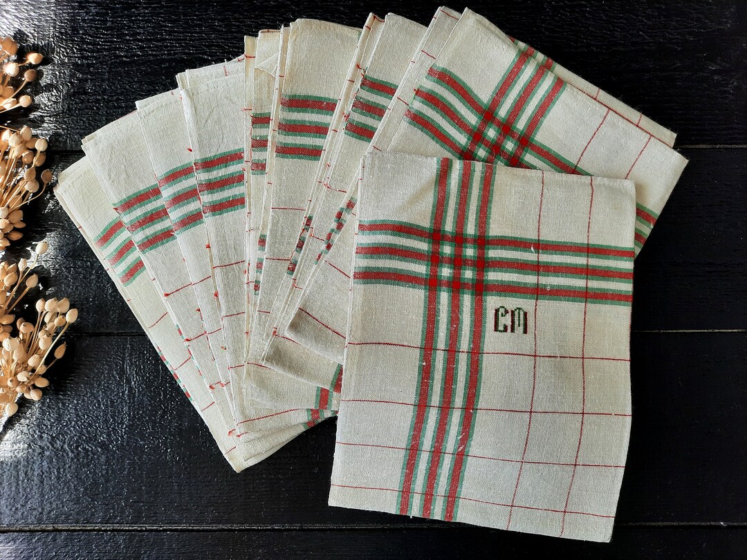 1 to 9 Large Unused French Linen Torchon Vintage, Monogrammed Kitchen ...