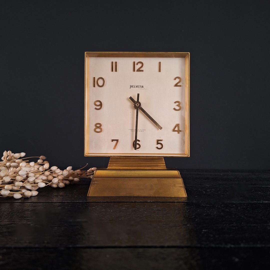 Vintage Swiss Brass Table Clock by Helvetia, Mid-century Modern ...