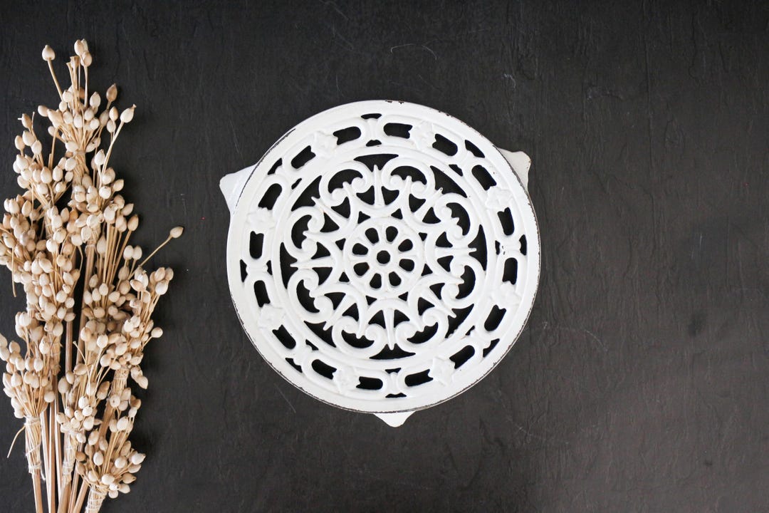 White Enamel Trivet Cast Iron, Decotec, Made in France, White Trivet ...