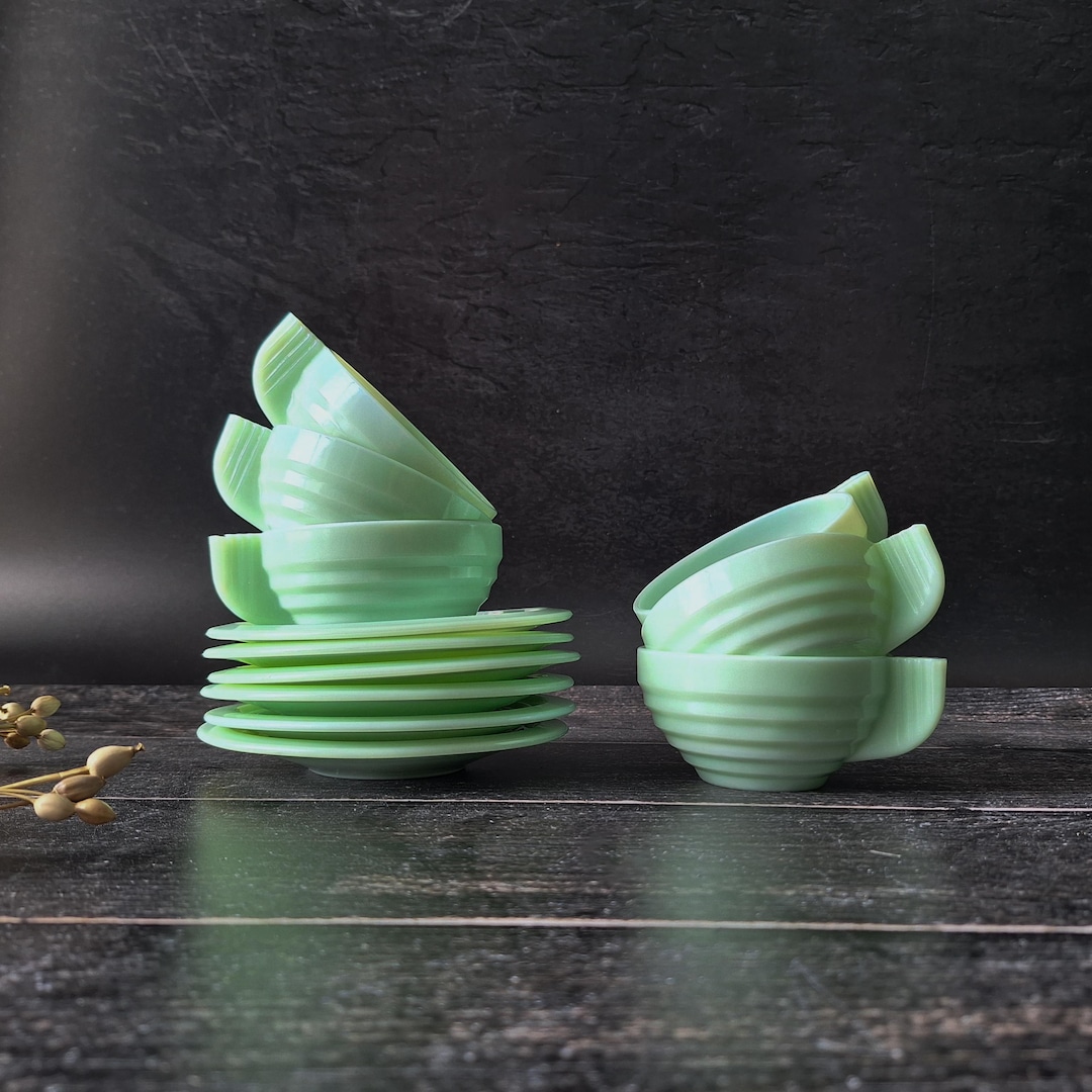 Set of 6 Fire King Jadeite Cup and Saucer, Green Milk Glass, Jadeite ...