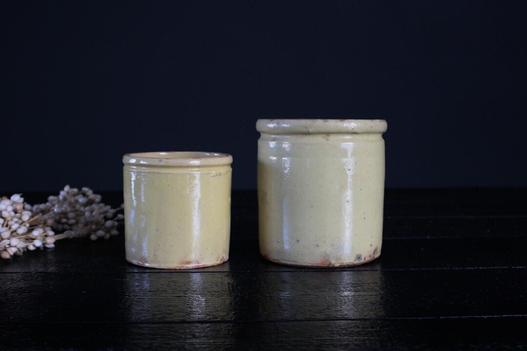 Antique Yellow Glazed Stoneware Jam Pots, French Vintage NOVIA Pottery ...