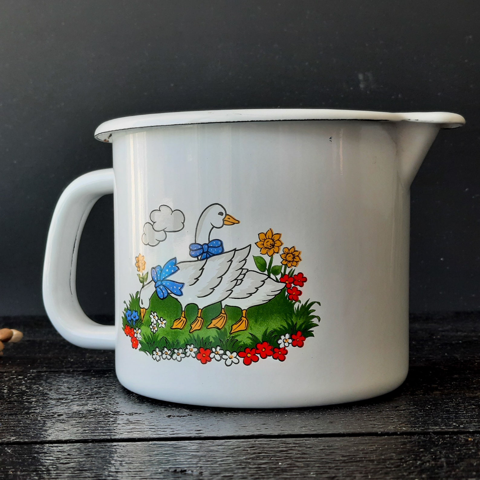 Large White Enamel Pot With Handle With Goose Decor, French Vintage ...