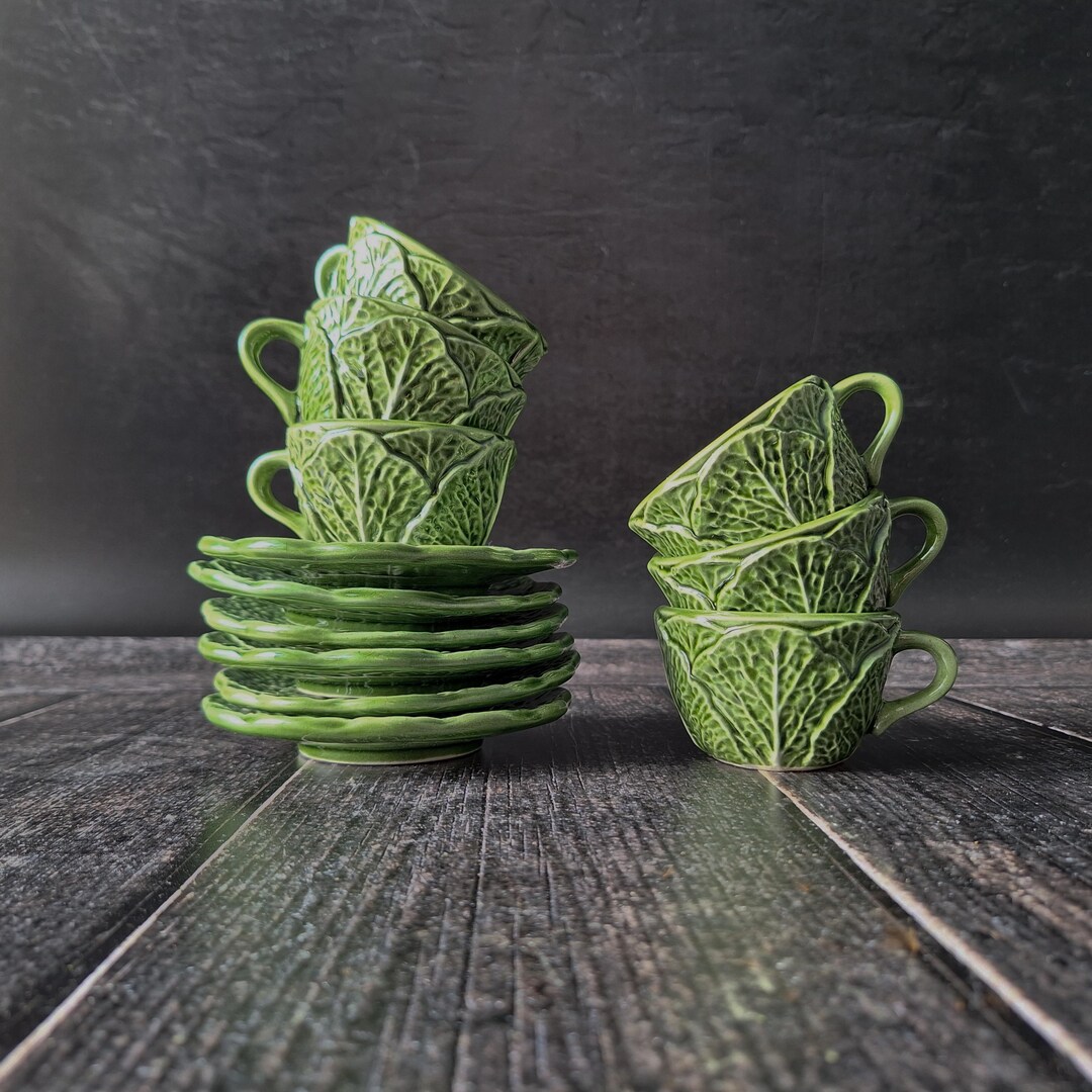 Set of 6 Green Majolica Cabbage Cups and Saucers, Vintage European ...