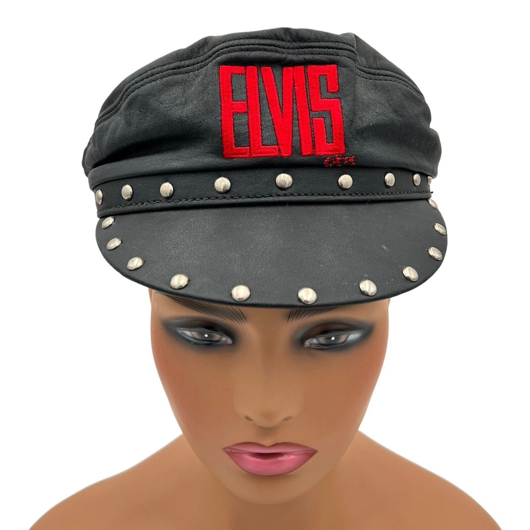 Vintage Usa Elvis Presley Motorcycle Biker Cap Black Leather Studded Sm ...