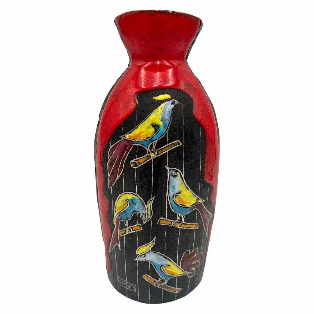 Vtg Mcm Spanish Cases Manises Pottery Vase Song Birds Wood Grain Back ...