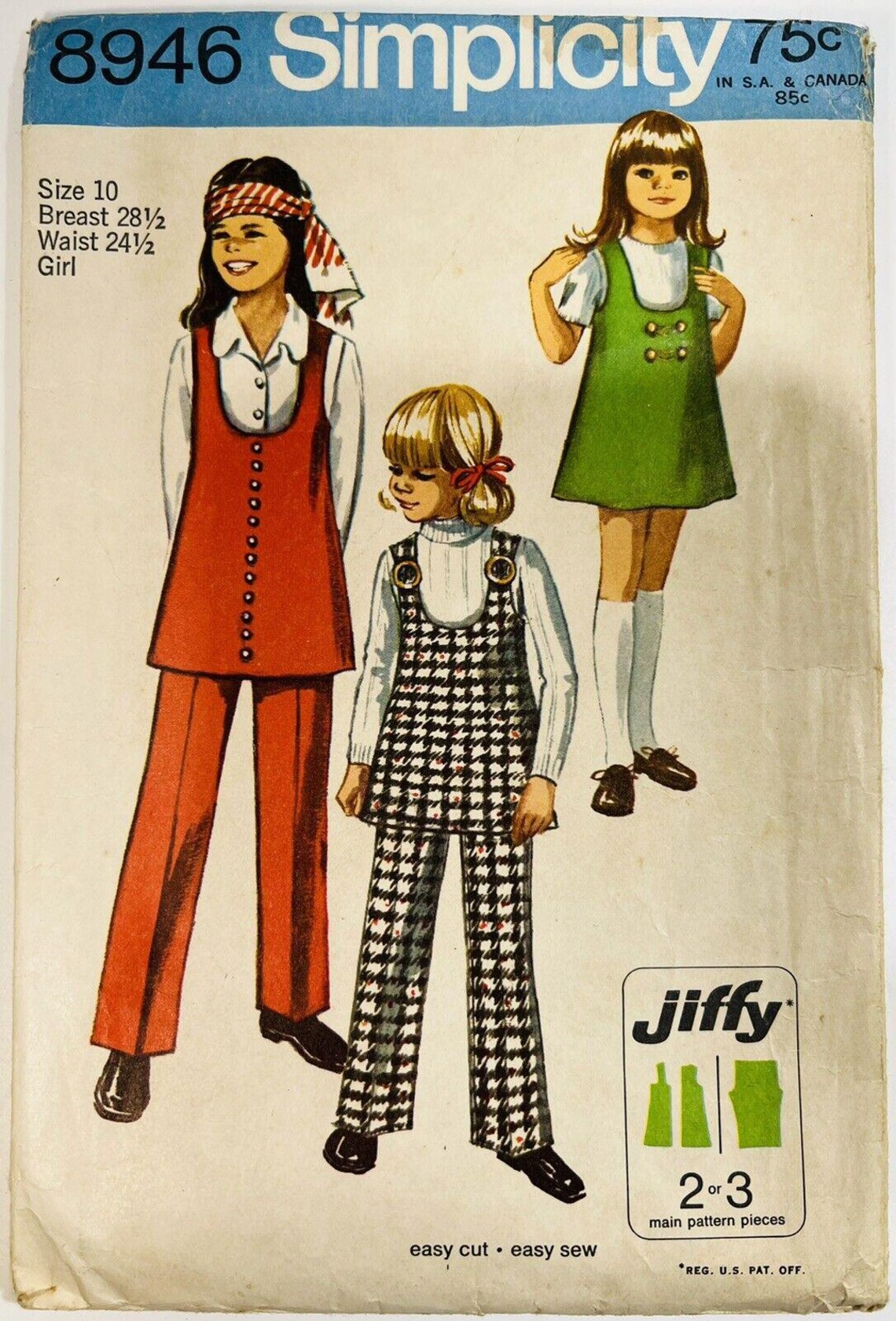 Vintage ©1970 Simplicity Sewing Pattern Girls' Jiffy Jumper Tunic Pants ...