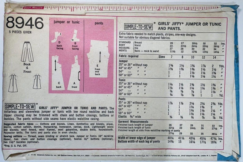 Vintage ©1970 Simplicity Sewing Pattern Girls' Jiffy Jumper Tunic Pants ...