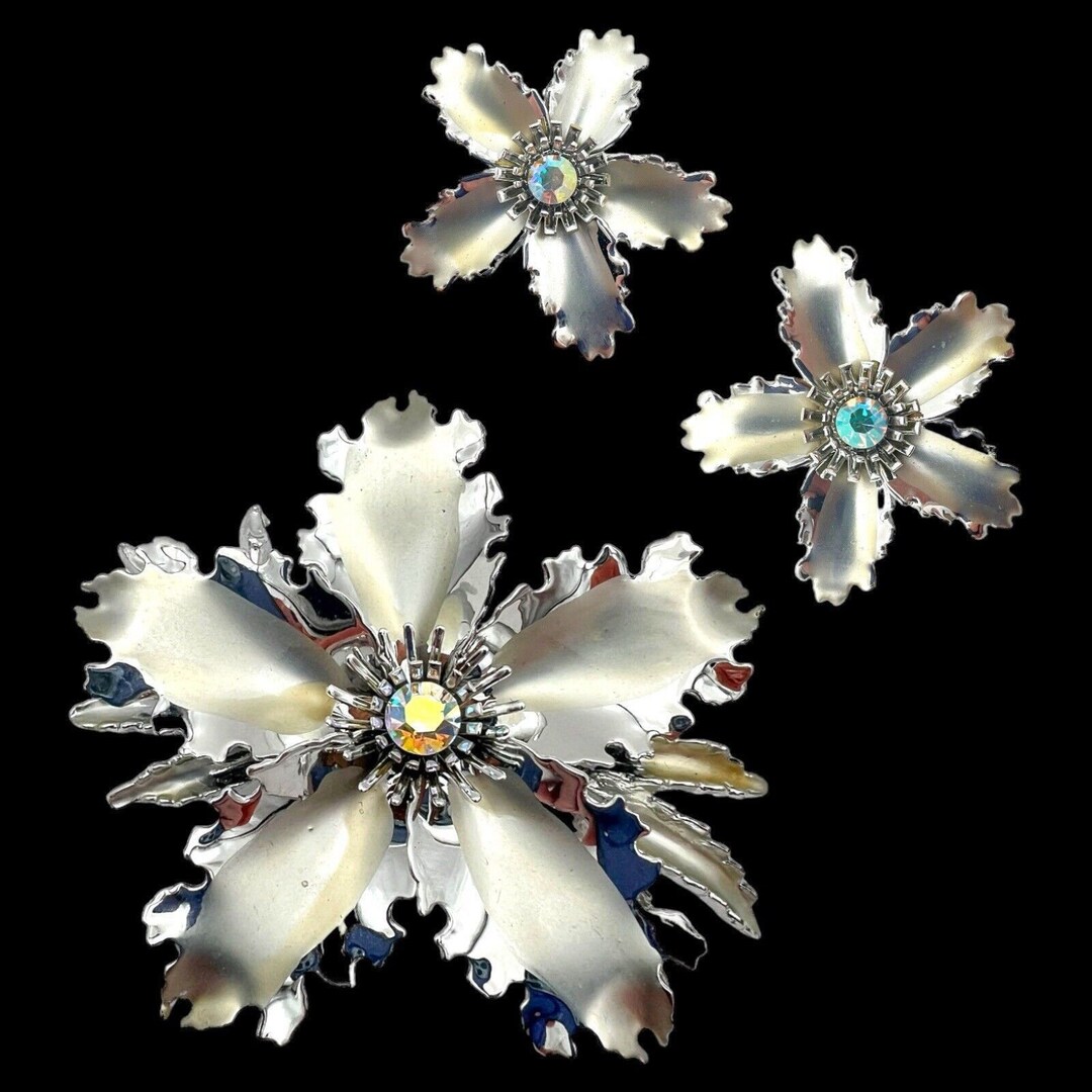 Vtg 1960S Pakula Jewelry Co Hibiscus Flower Silver Brooch Earring Set ...