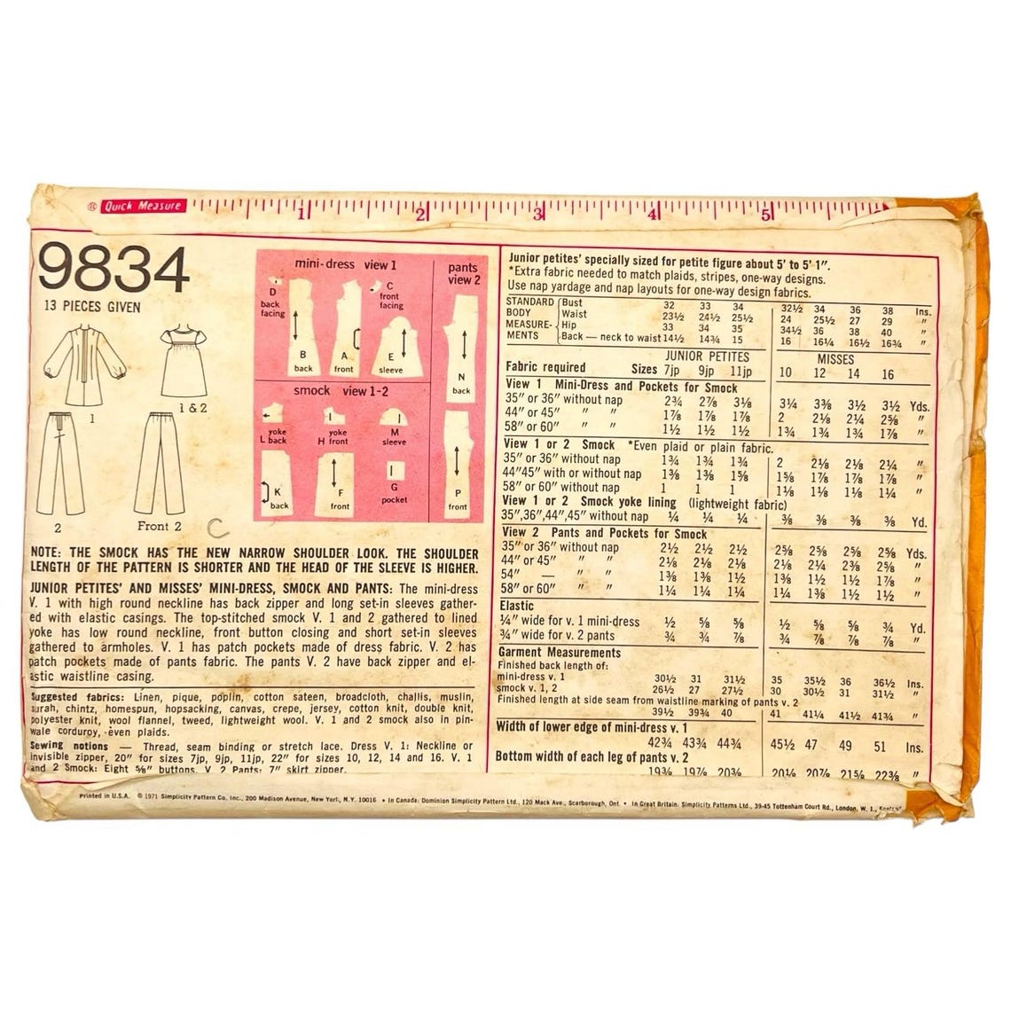 VTG 1971 Simplicity Sewing Pattern Jr Petite Sz 11 Mini Dress Smock ...