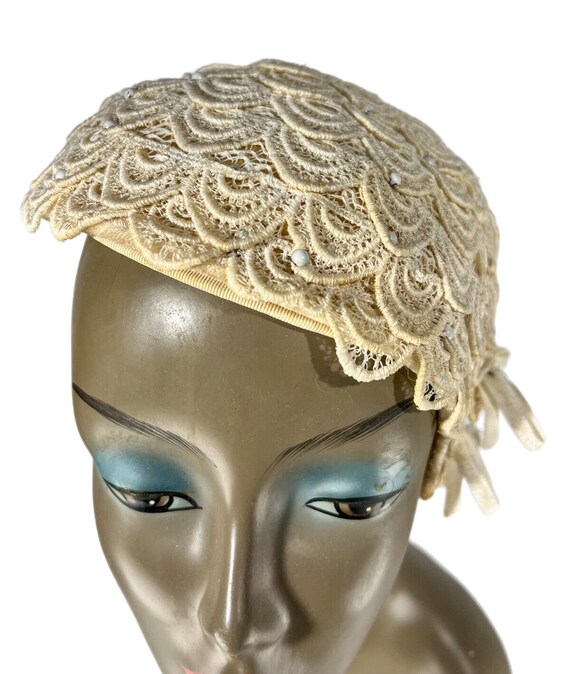 1950s Women's Hat Wedding Bridal Juliet Cap Crocheted… - Gem