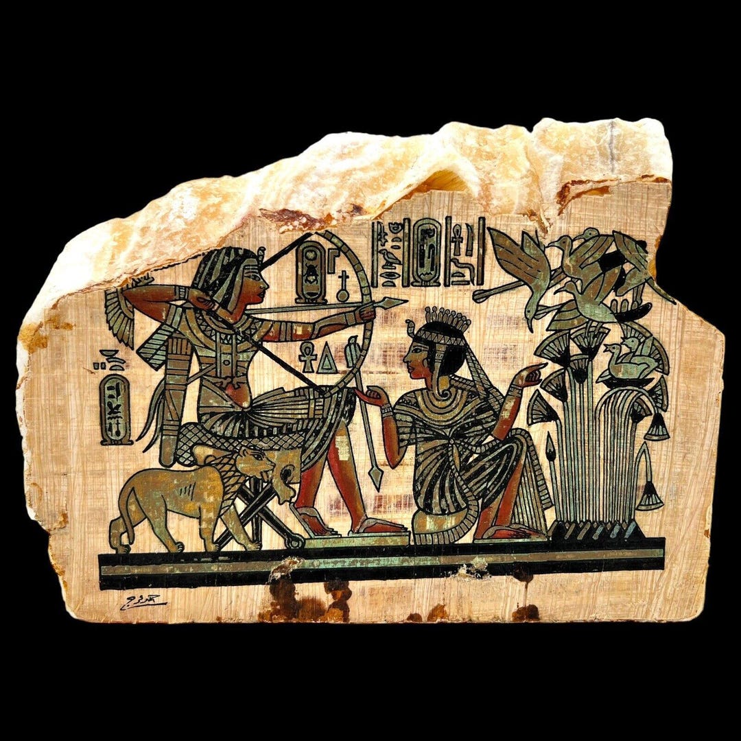 Vintage Egyptian Papyrus Art Tutankhamon Hunting Birds on Veined ...