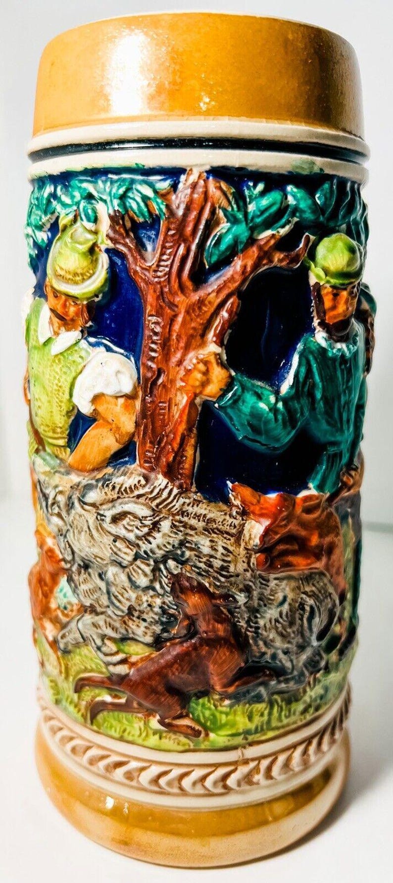 Vintage Gerz Beer Stein Tankard Germany Stoneware Fox Handle Wild Boar ...