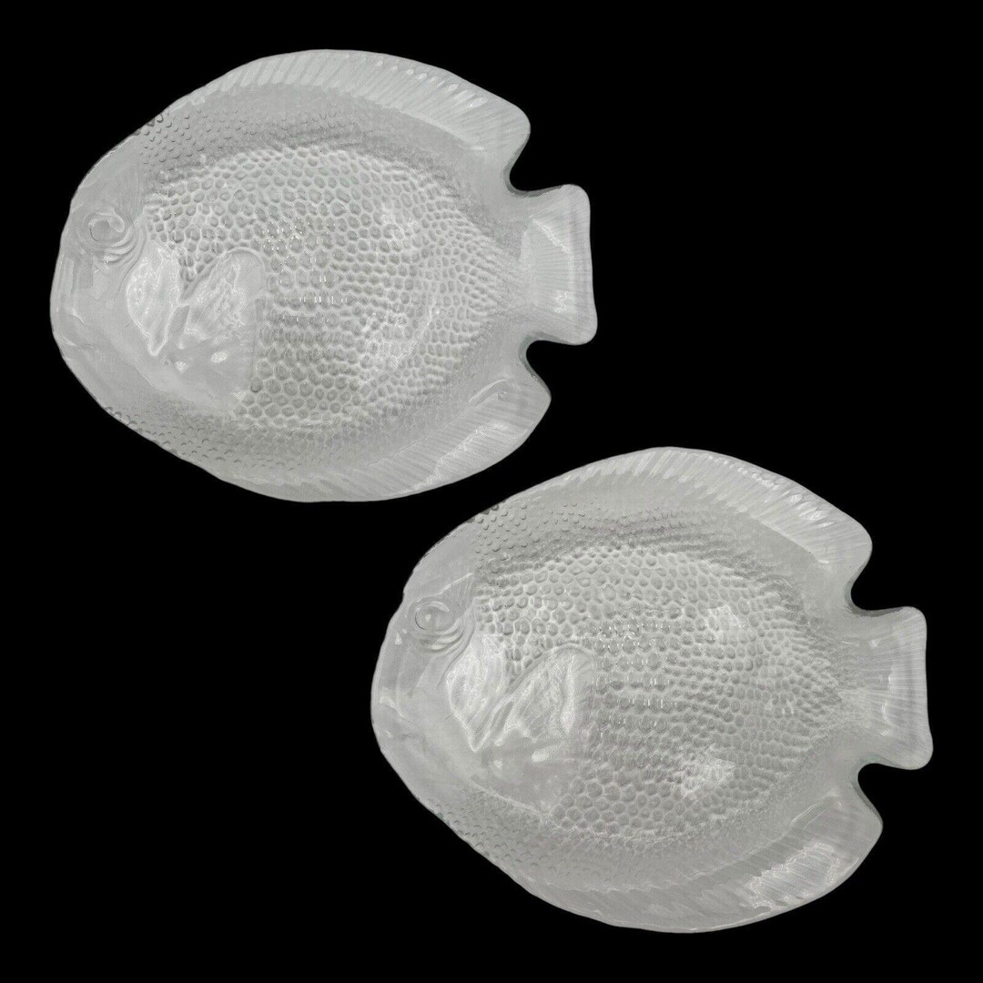 VTG 1980s Arcoroc France Small Fish Plate Set 2PC Poisson Clear Glass ...