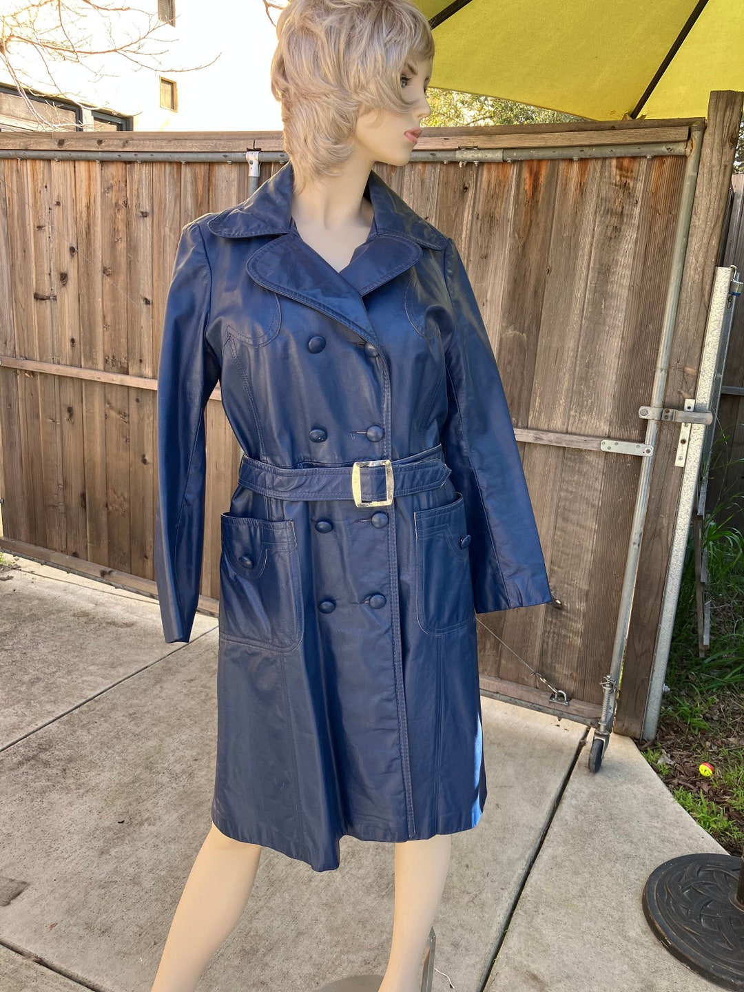 Vintage Mod Leather Belted Car Coat Jacket 1960s 1970s Blue Navy Double ...