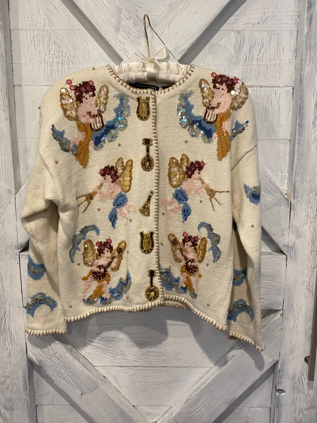 Vintage Belle Pointe Sweater Angels Cherubs Cardigan Sz S Sequins ...