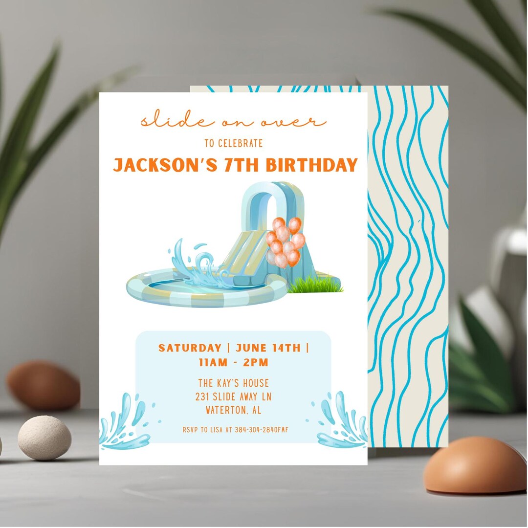 Water Slide Birthday Party Invitation Slide on Over Water Slide Theme ...