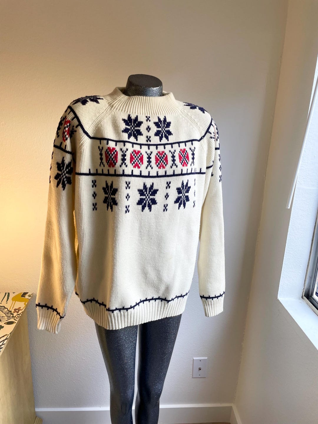 Men’s Large Tall Eighties Vintage Fair Isle Acrylic Sweater Cream White ...
