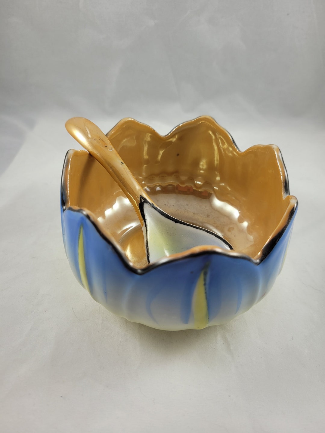 Takito Japan Lusterware Blue and Orange Small Bowl and Deep Spoon Hand ...