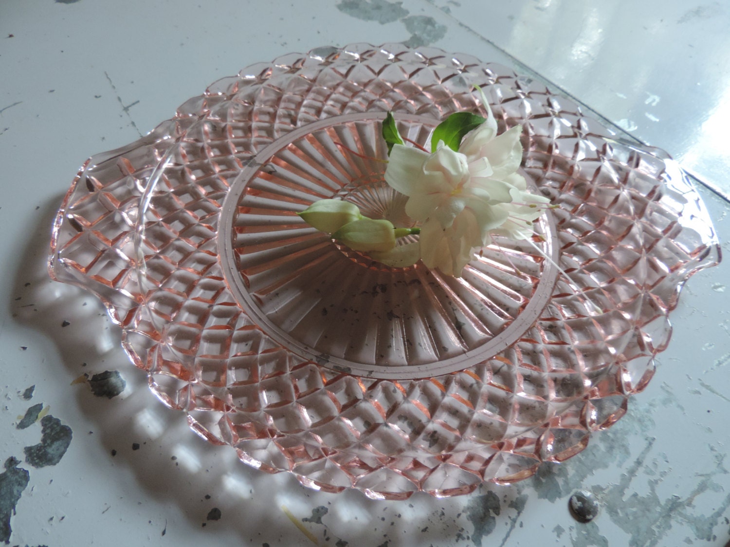 Pink Depression Glass Cake Plate Anchor Hocking Waterford Cake Plate ...