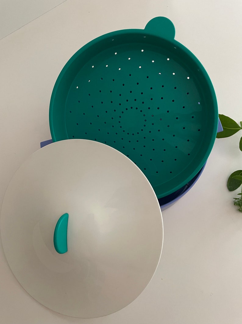 90's Tupperware Microwave Steamer 3 Piece Set Teal Steamer Blue Dish ...