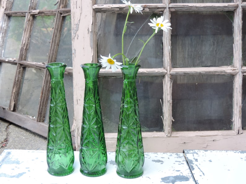 Vintage Green Bud Vases Set of Three Emerald Green Bud Vases Home Decor ...