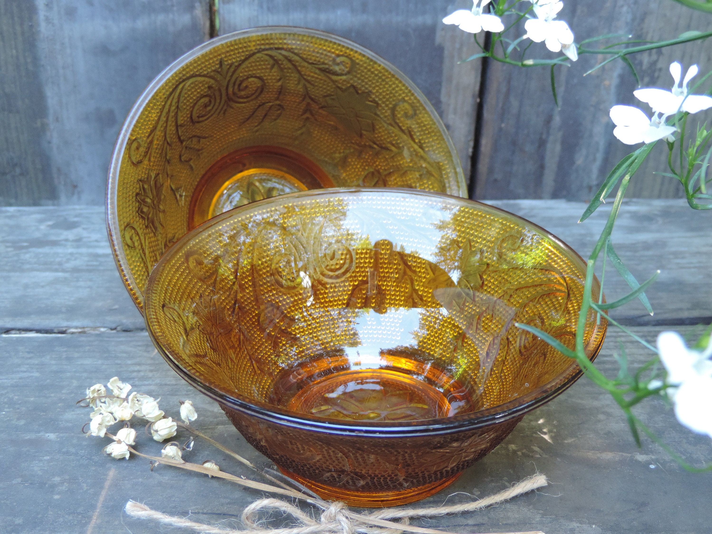 Vintage Tiara Amber Sandwich Glass Set of 2 Salad, Soup Bowls Two 5.5 ...