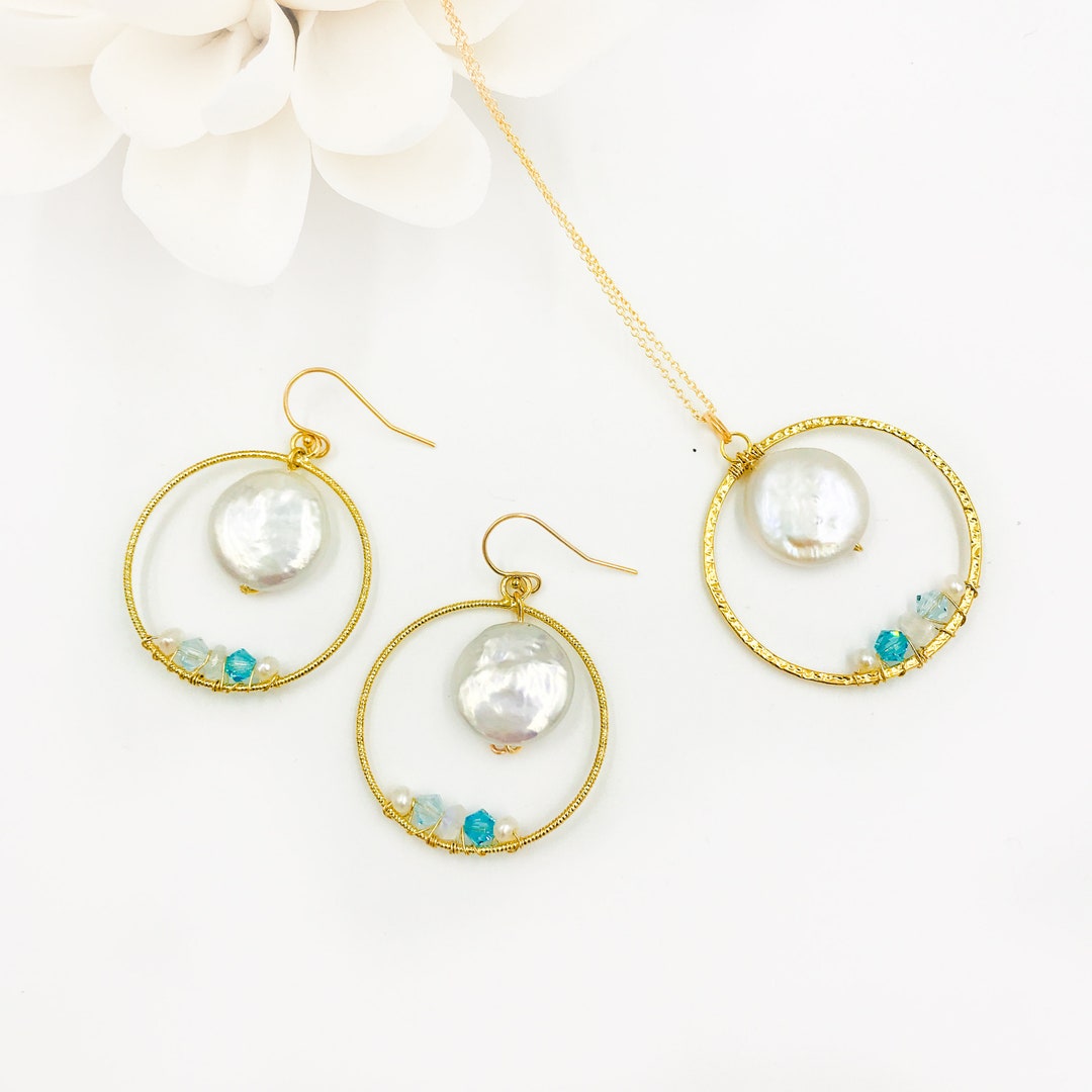 Chinese Moon Jewelry Set, Large Pearl Necklace and Earrings Gold, Asian ...