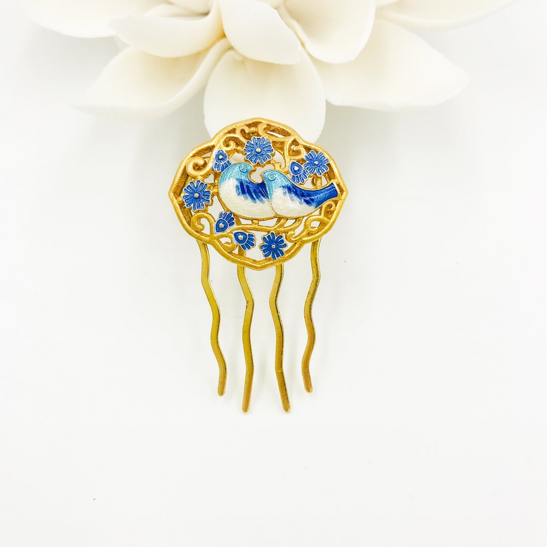 Chinese Hair Comb With Enamel Bird and Flower, Enamel Vintage Hair ...