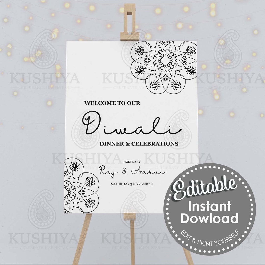 Diwali Party Welcome Sign Simple Mandala Design - Editable, Digital ...